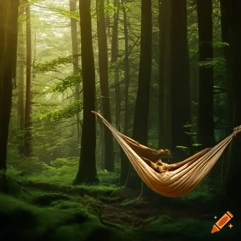 Forest with two hanging hammocks on Craiyon