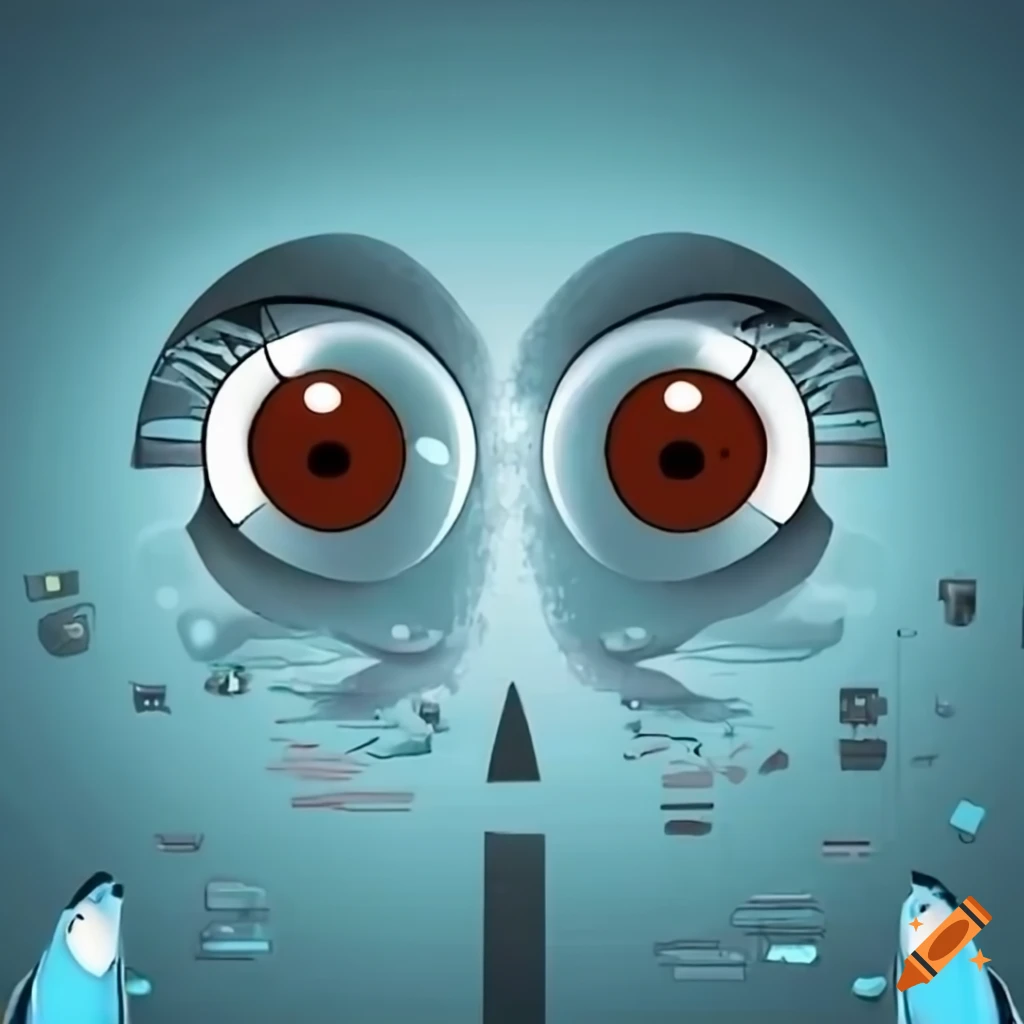 Cartoon eyes looking at high tech computer screen of viral videos on ...
