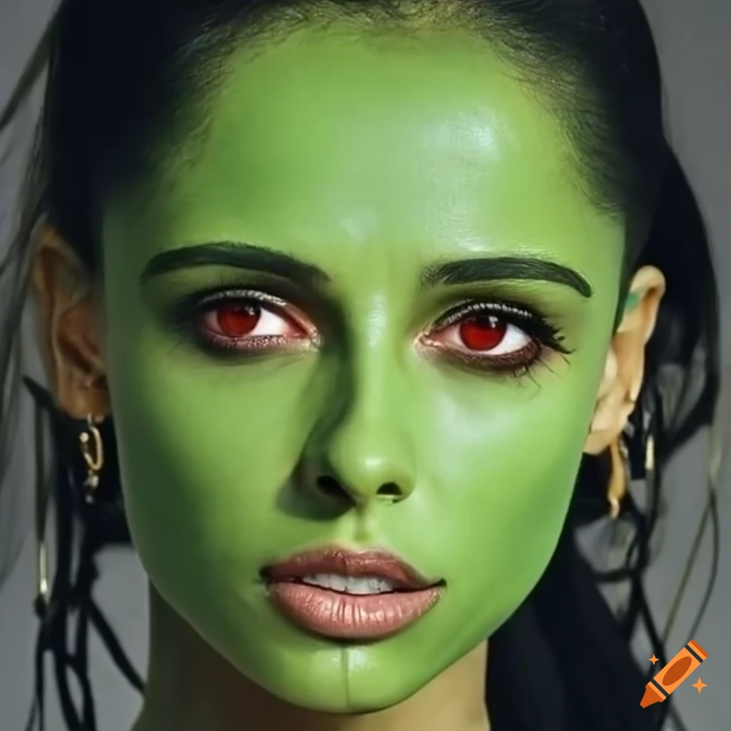Naomi scott posing powerfully with green face paint on Craiyon