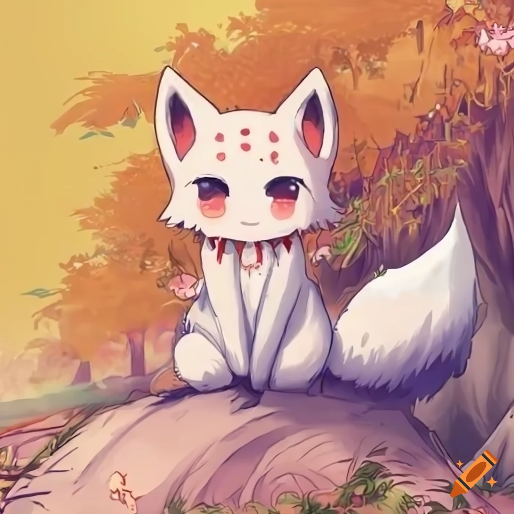 Adorable chibi kitsune in a scenic countryside on Craiyon