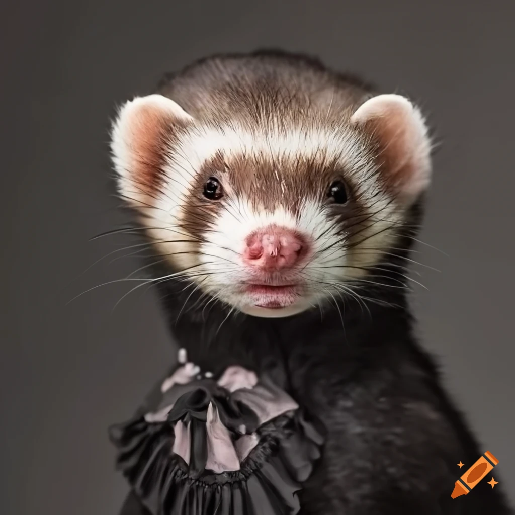 Ferret in a black victorian dress with a coy expression on Craiyon