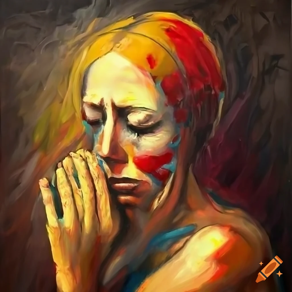 Abstract painting of woman grieving over a deceased man on Craiyon