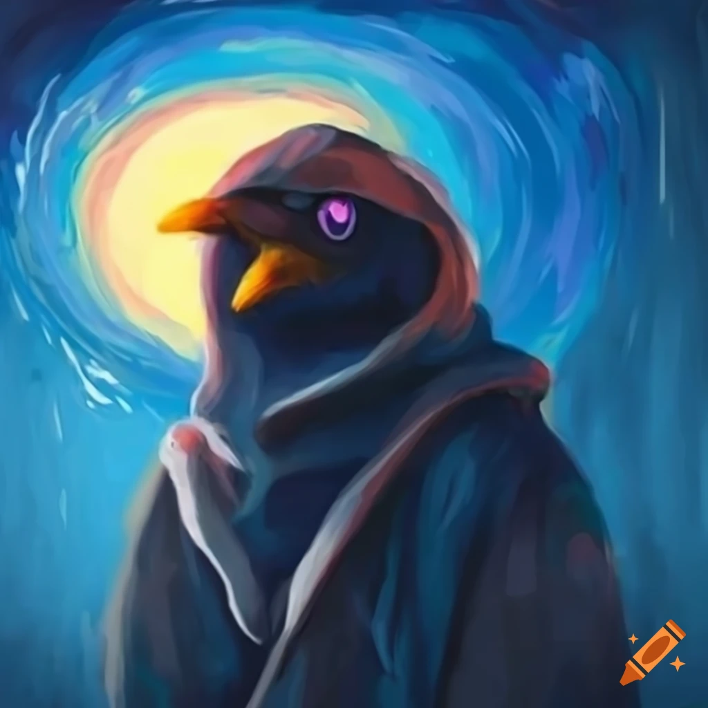 Crow furry in a gray hoodie looking at the evening rain on Craiyon