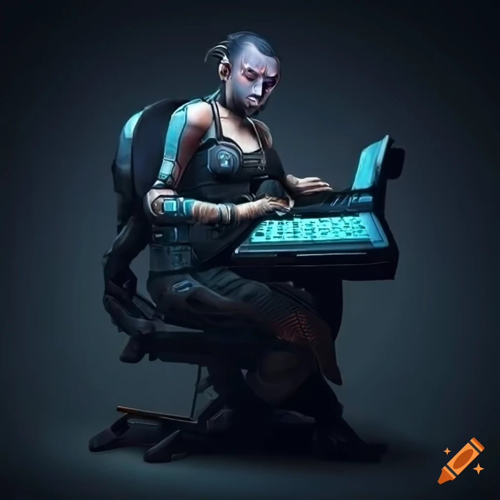Sci-fi cyberpunk coder typing on keyboard while sitting in chair on Craiyon