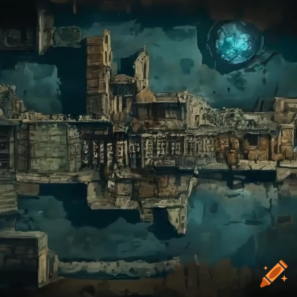 Top down view of a ruined city in Dnd style on Craiyon