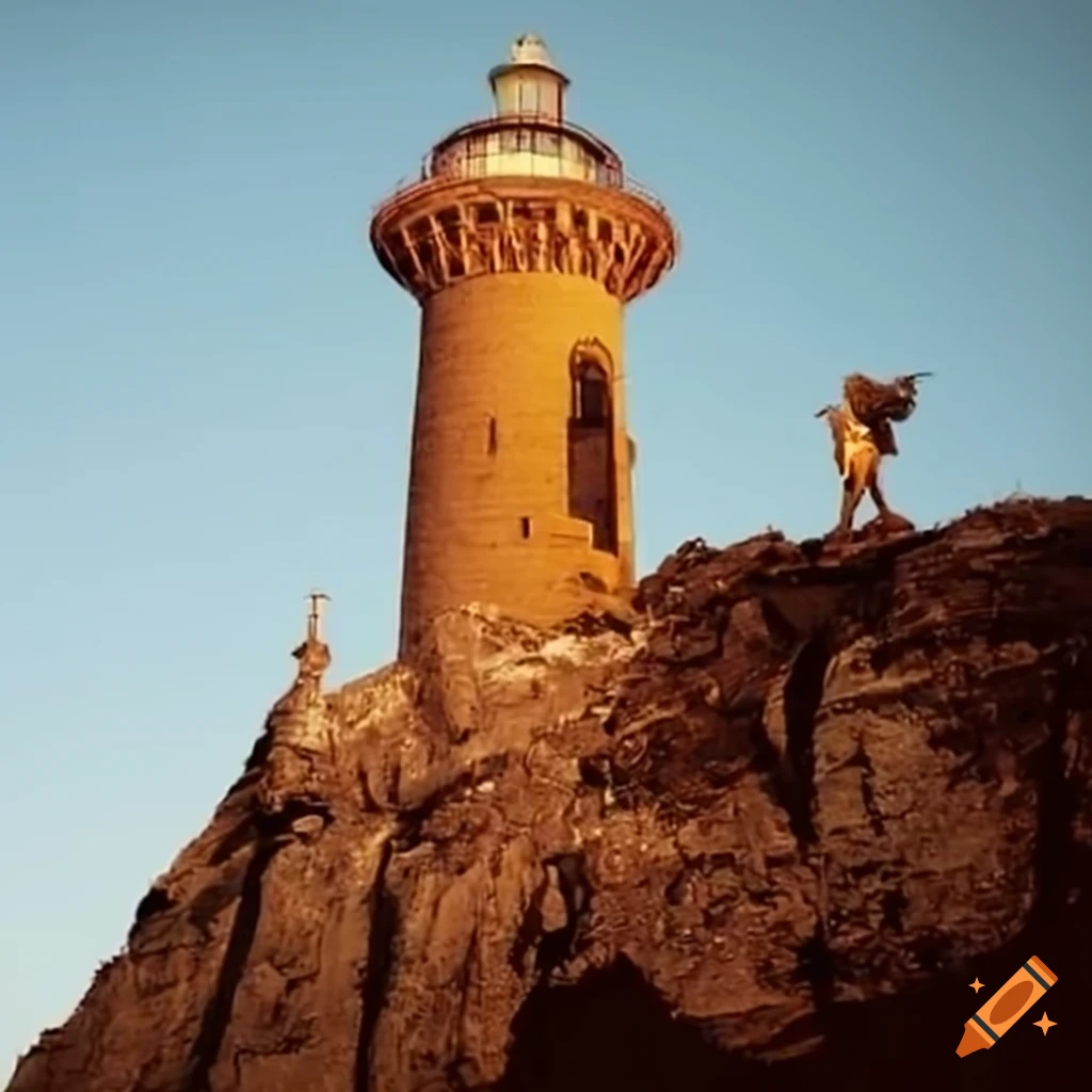 Rupaul on top of a medieval lighthouse on Craiyon