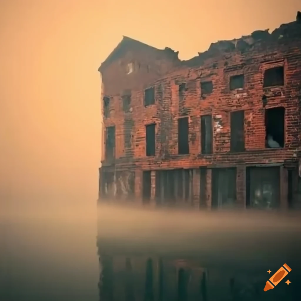 Close-up of abandoned brick buildings sinking into ocean in a pale ...