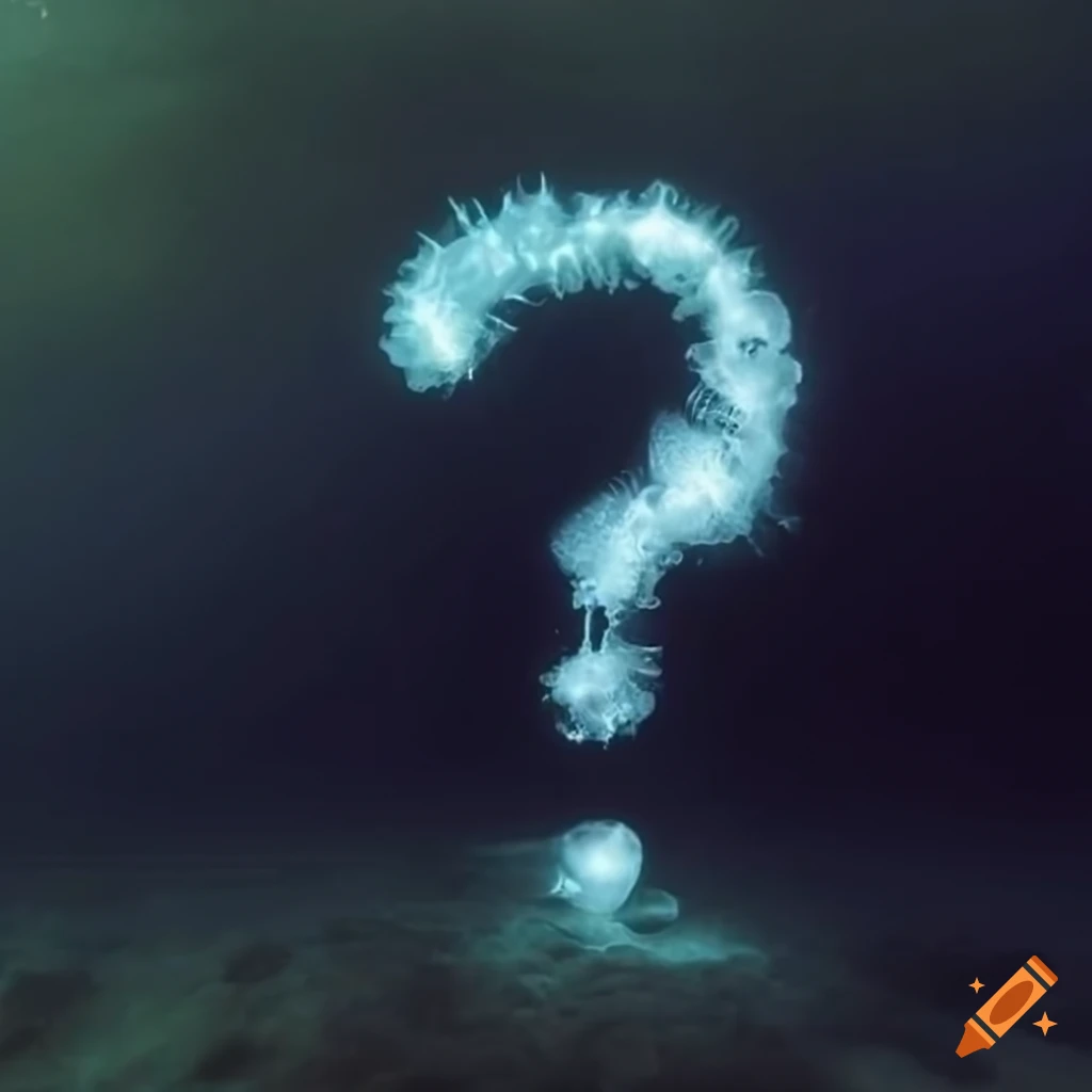 Dark underwater scene with a glowing giant question mark in the ...