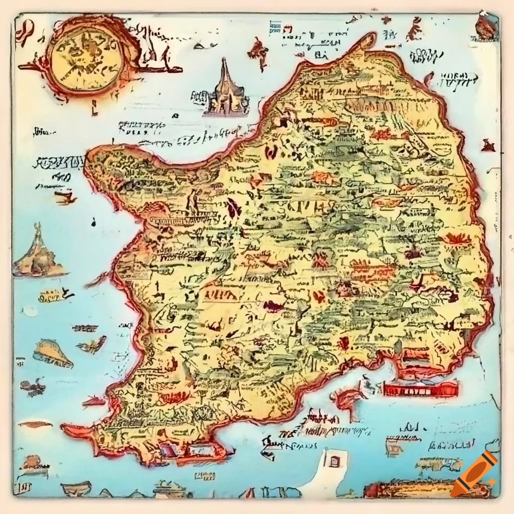 Map of wonderland with calligraphic names of places on Craiyon
