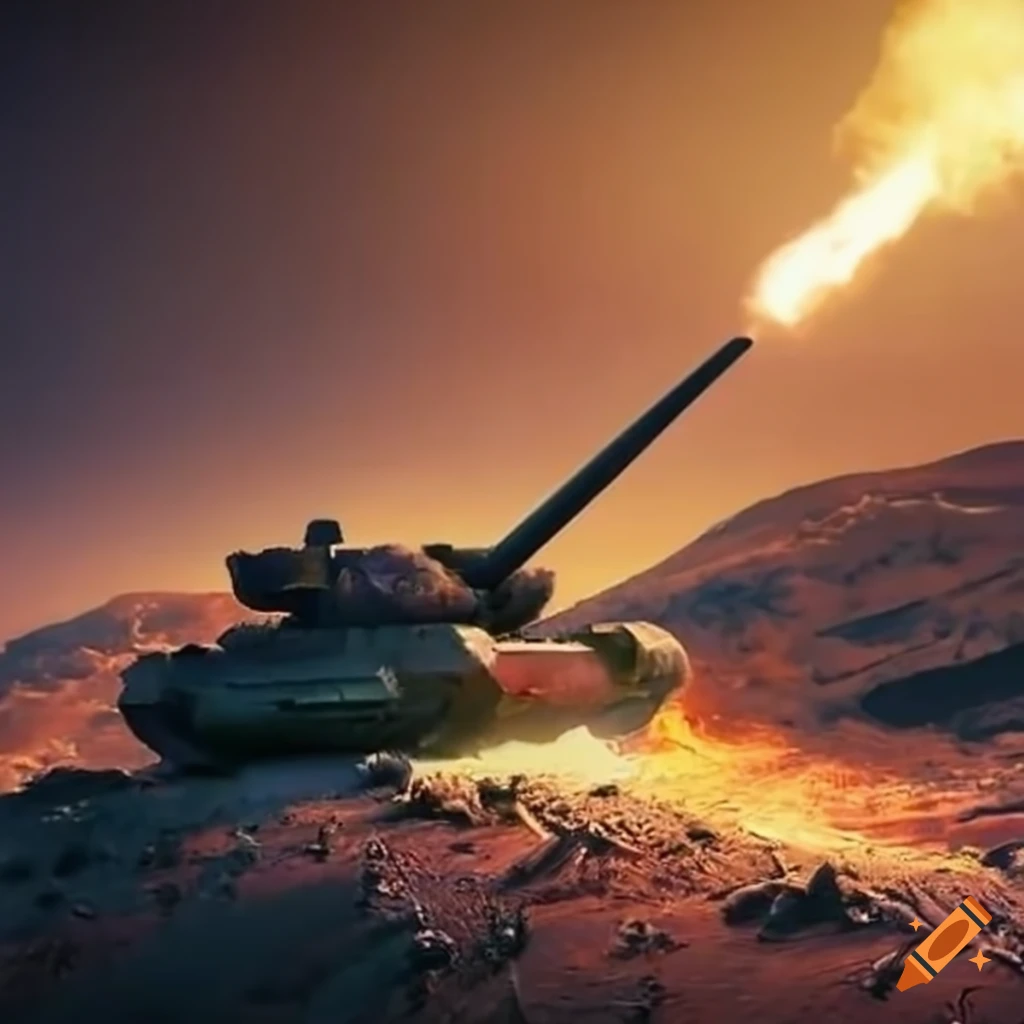 Surreal tank cresting over hill firing shell on Craiyon