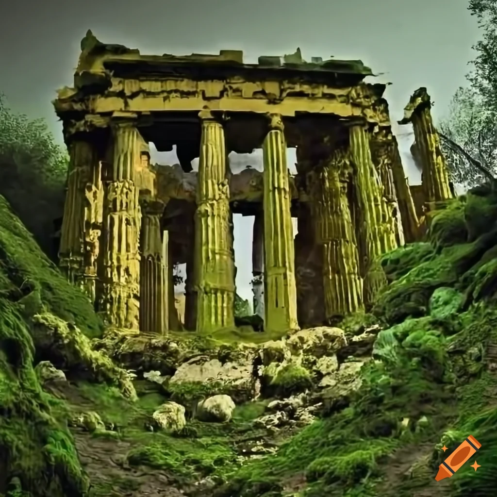 Overgrown ruins of the greek parthenon in a post-apocalyptic setting on Craiyon