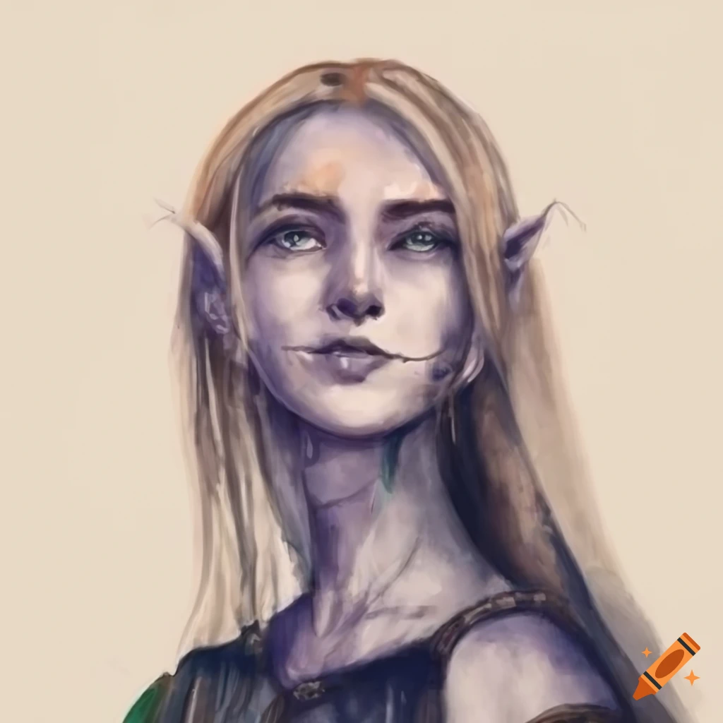 Realistic watercolor portrait of a smiling half-elf woman in medieval ...