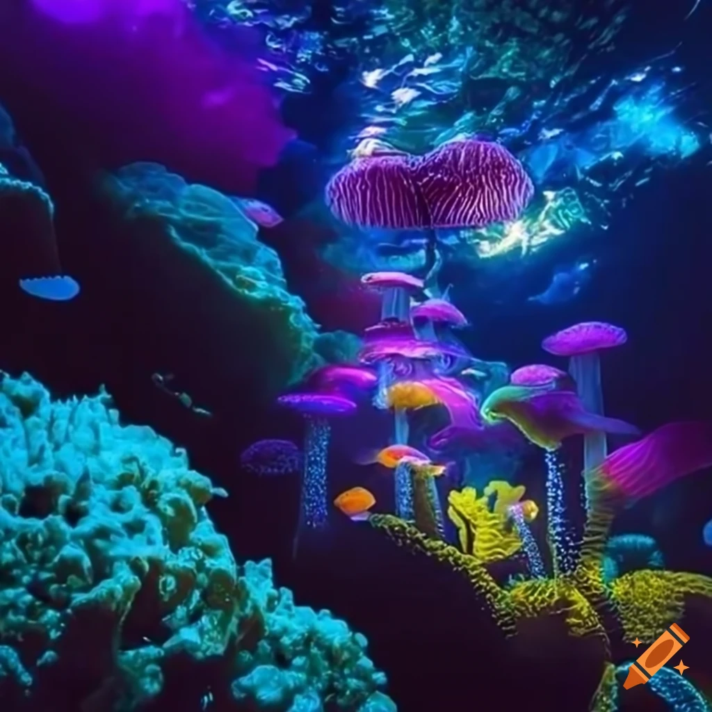 Underwater tapestry of vibrant fish, coral, and mythical creatures with ...