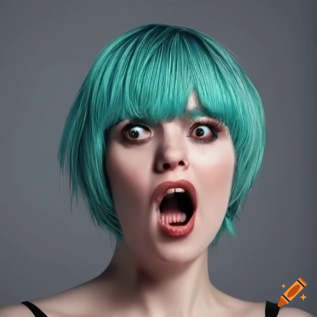 Surprised woman with teal bob hair and round dark eyes on Craiyon