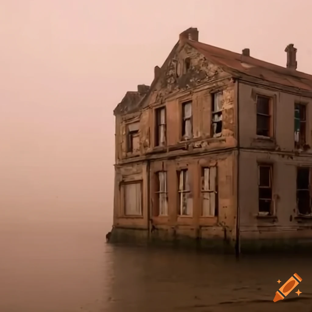 Close-up of abandoned Victorian buildings sinking into the ocean in a ...