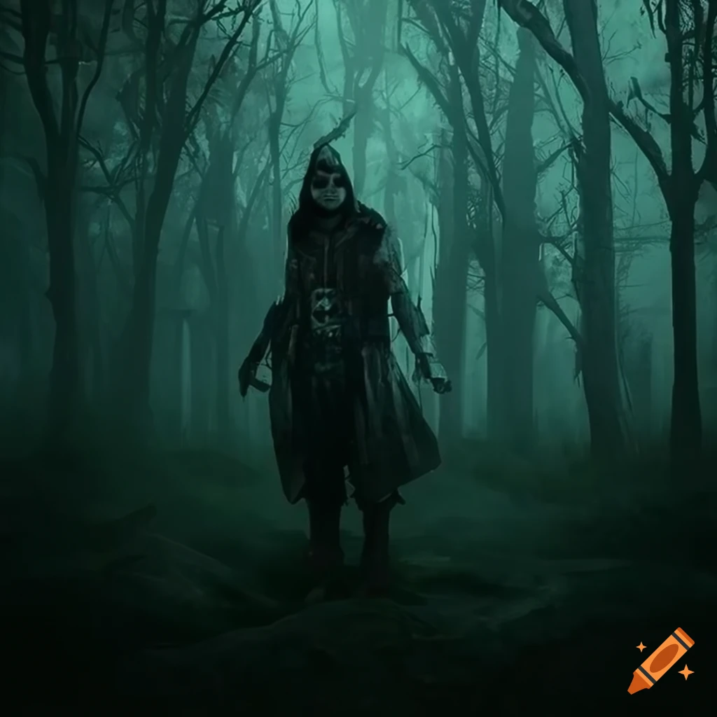 Undead warriors walking in a dark fantasy forest on Craiyon