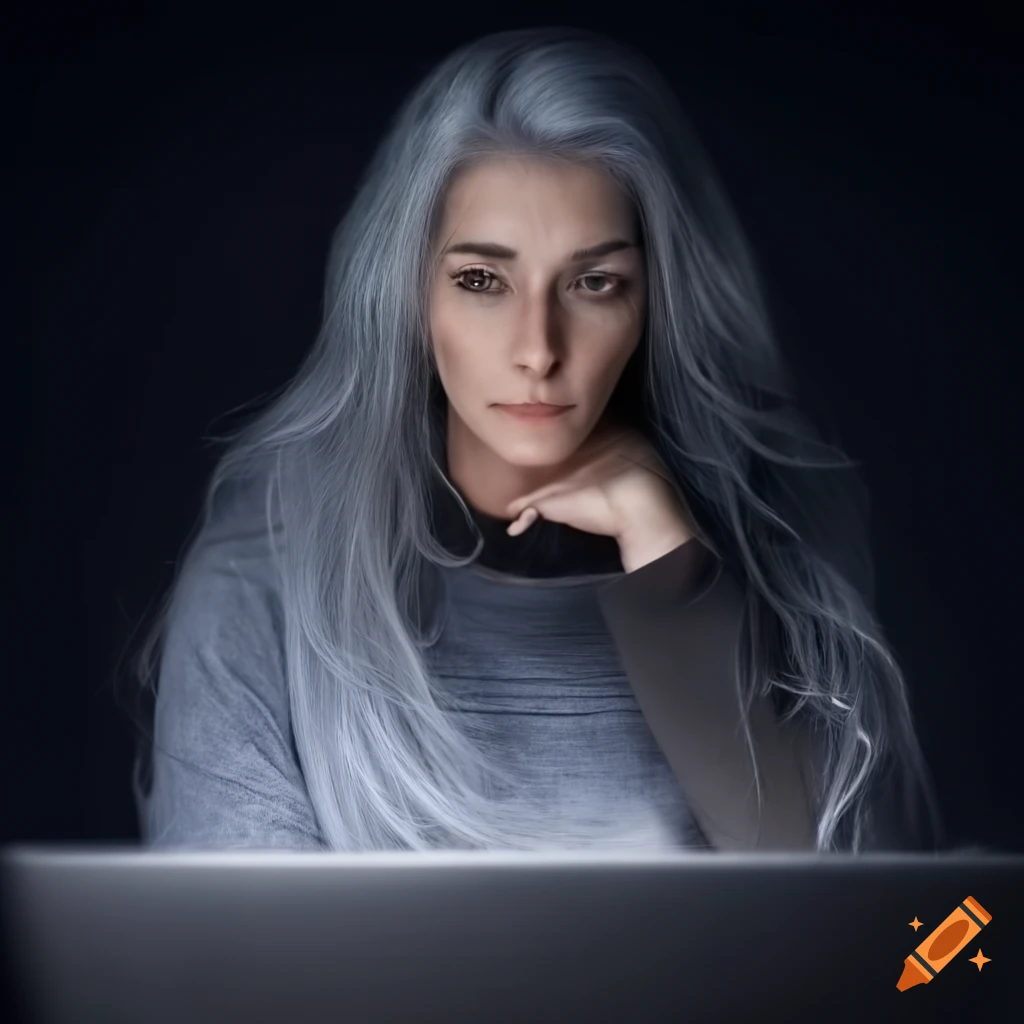 Woman with grey hair sitting at a computer on Craiyon