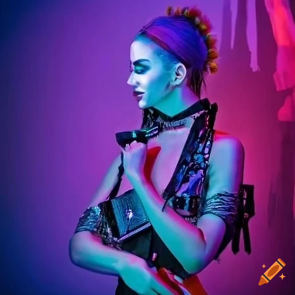 Stunning young woman in futuristic neo-dada outfit in a surreal neon ...