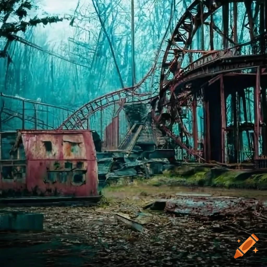 Rusty ruins of an old amusement park with vintage roller coasters on ...
