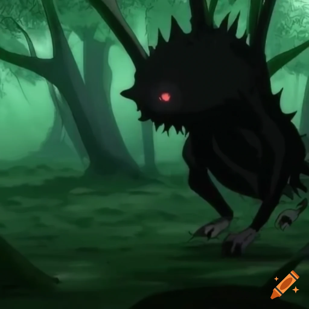 Captivating creature with spiny back and red eyes scavenging in a dense ...