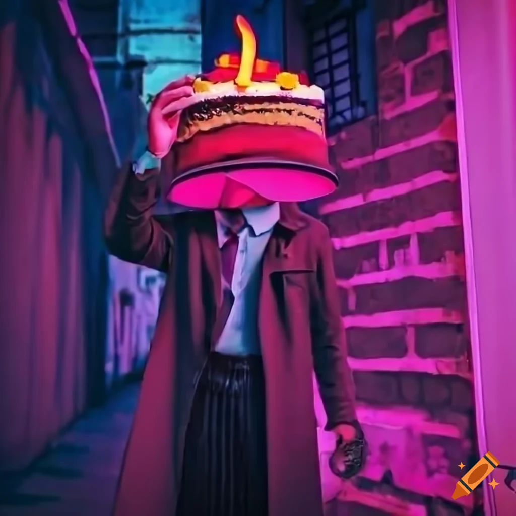 Futuristic detective with cake-shaped head in a neon-lit alleyway on ...