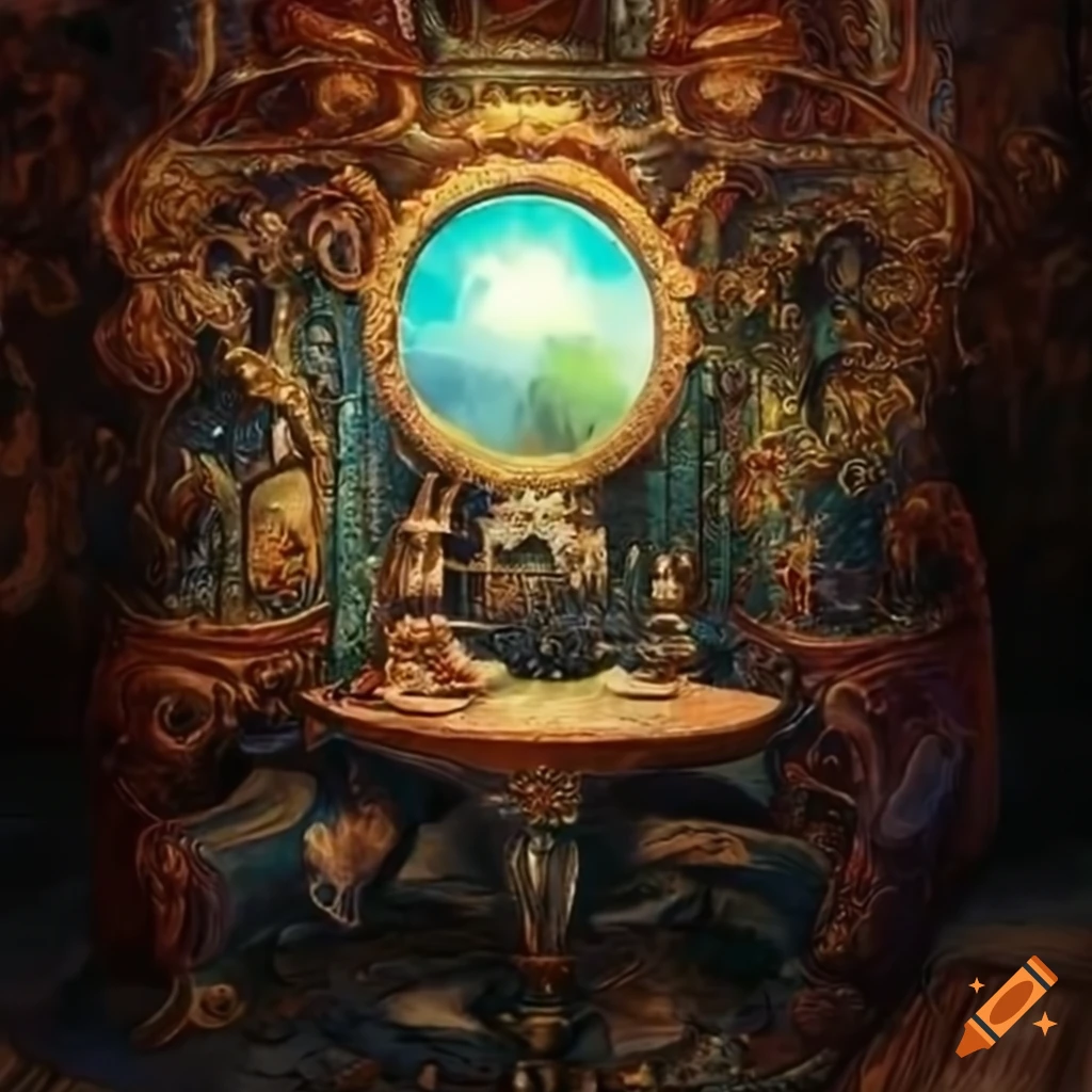 Magic mirror showing a fantasy world on a table on Craiyon