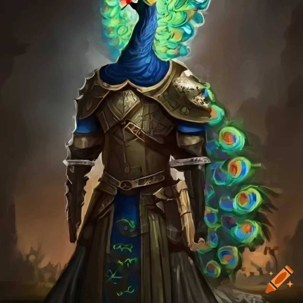 Fantasy peacock character in armor and stealth outfit with weapon for ...