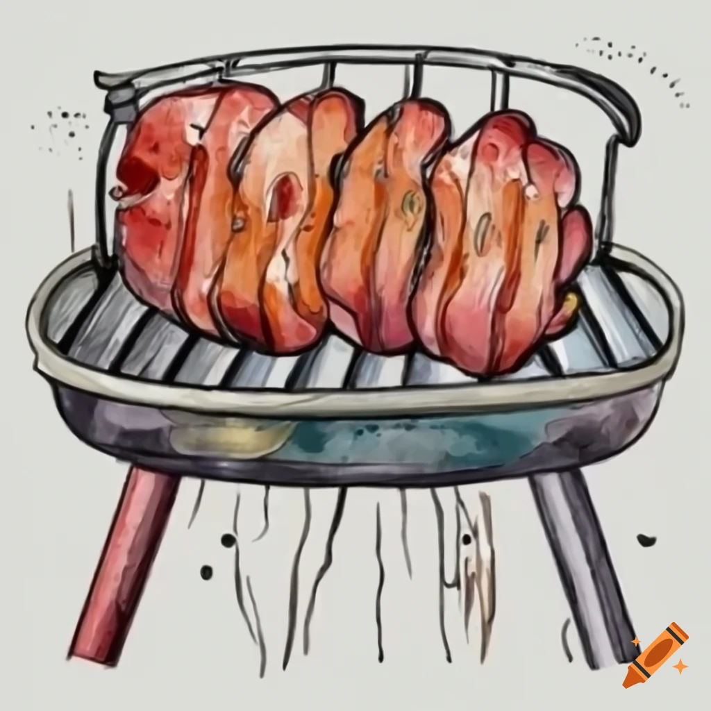 Barbecue meat on grill drawn with crayon on white background on Craiyon