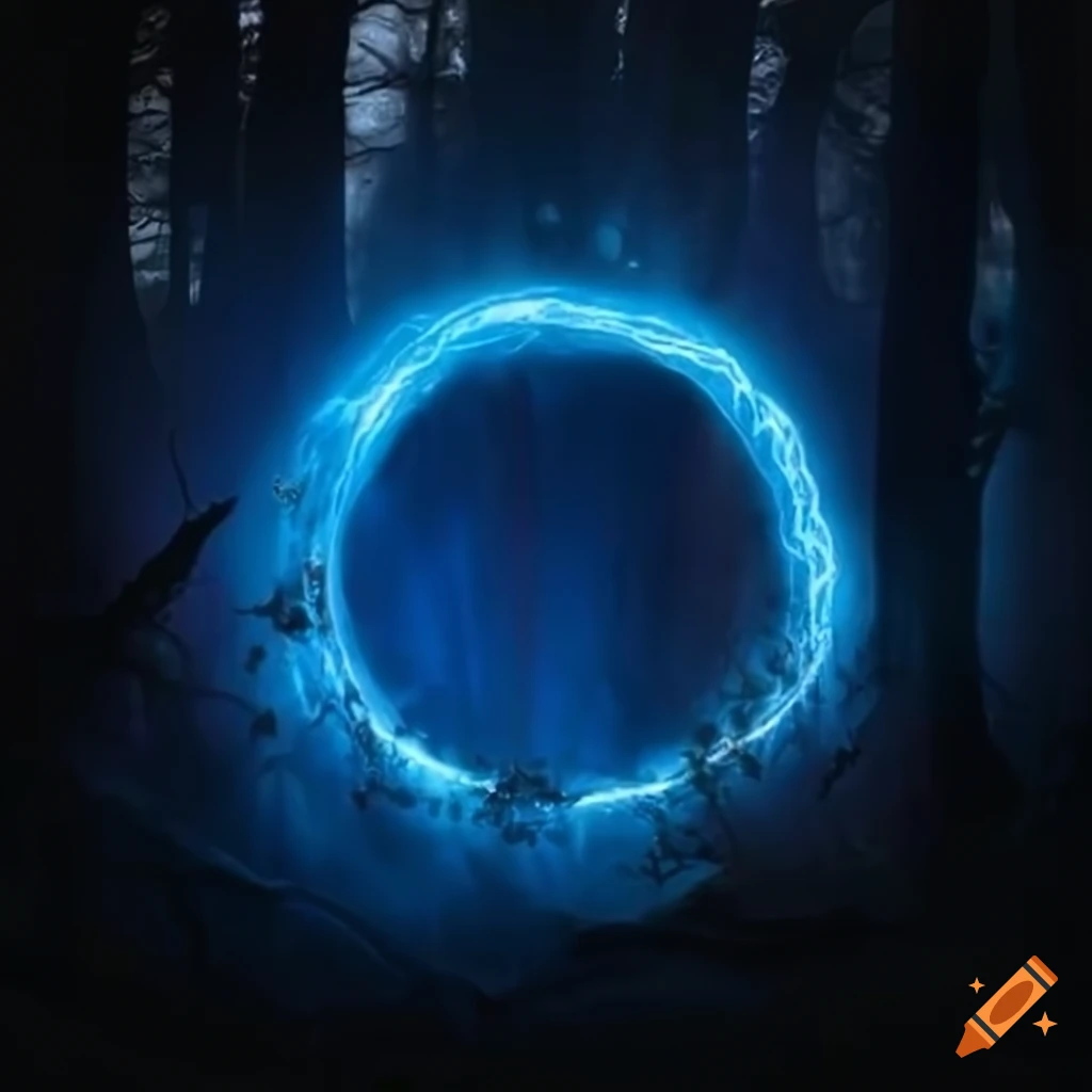 Blue portal ring in a dense forest on Craiyon