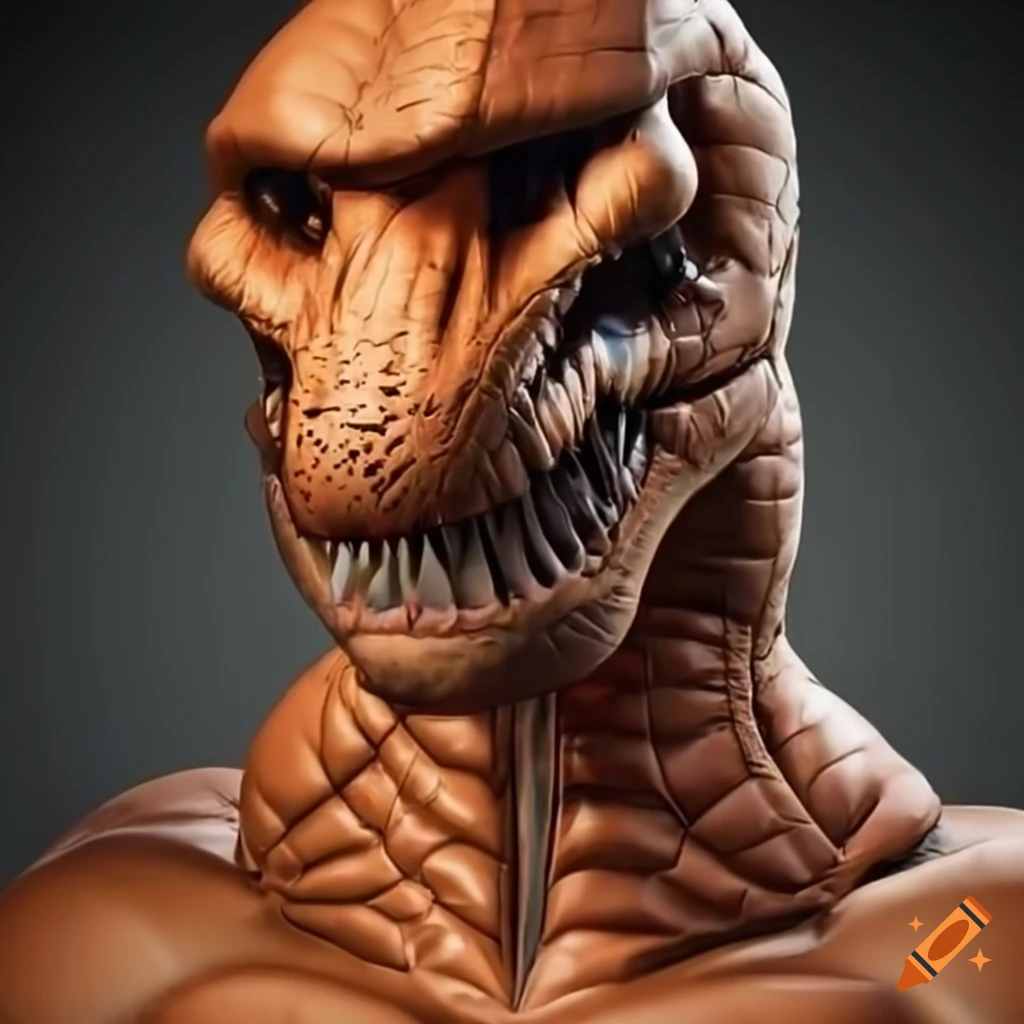 Man wearing a muscle-padded t-rex suit on Craiyon