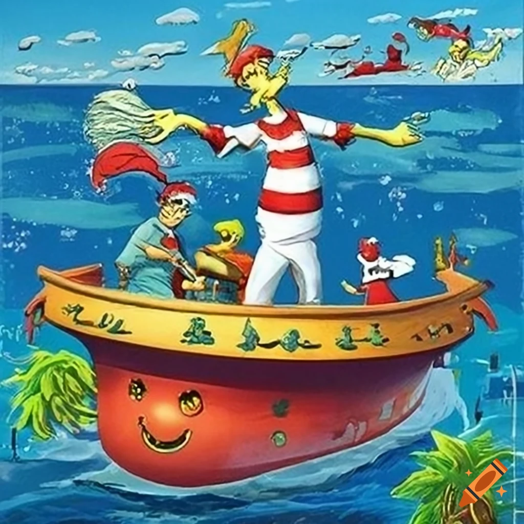 Colorful humorous book illustration of a ship at sea with an island in ...