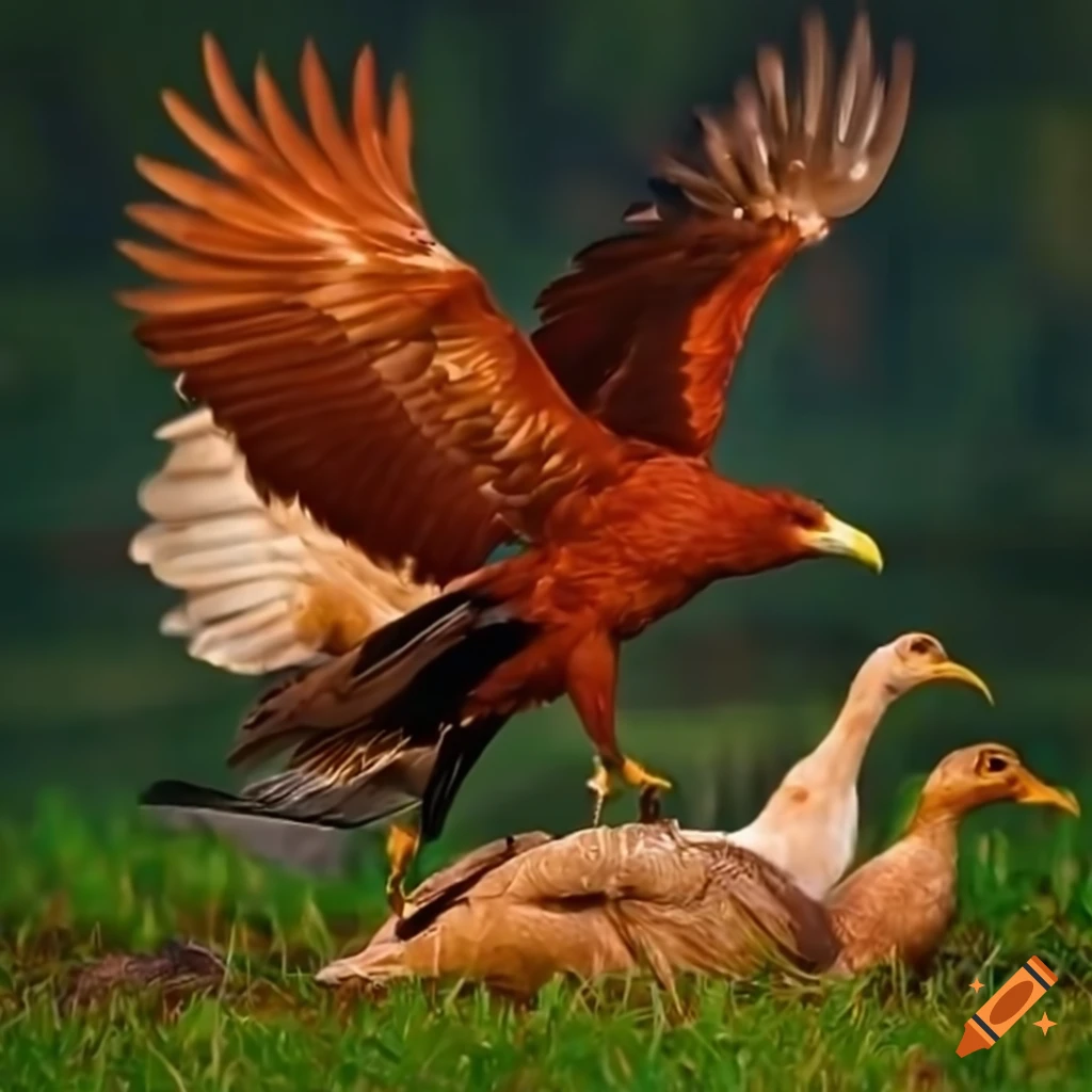 Ginger crow fighting against eagle with a duck in the scene on Craiyon