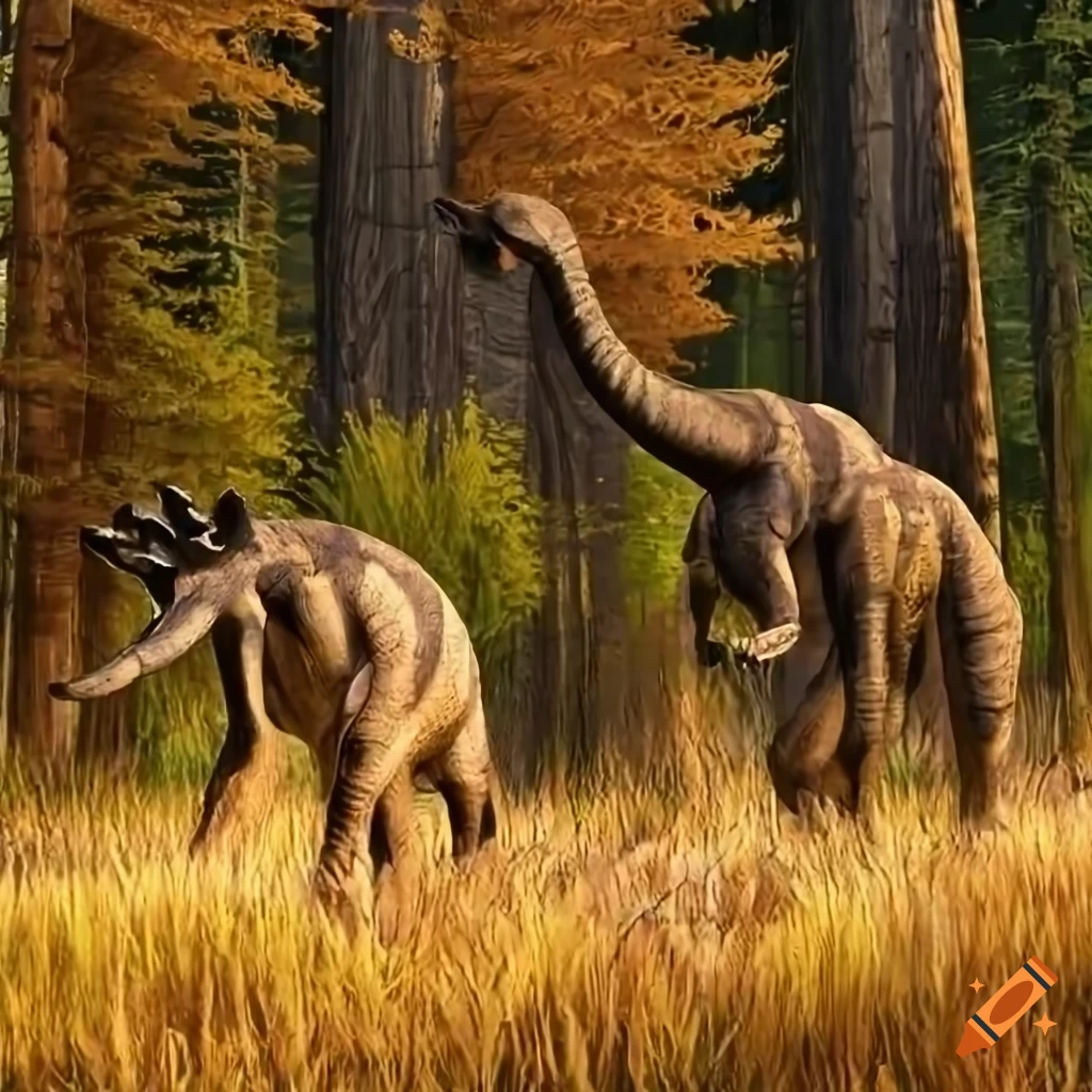 Two hadrosaurs walking in a British Columbia forest landscape on Craiyon