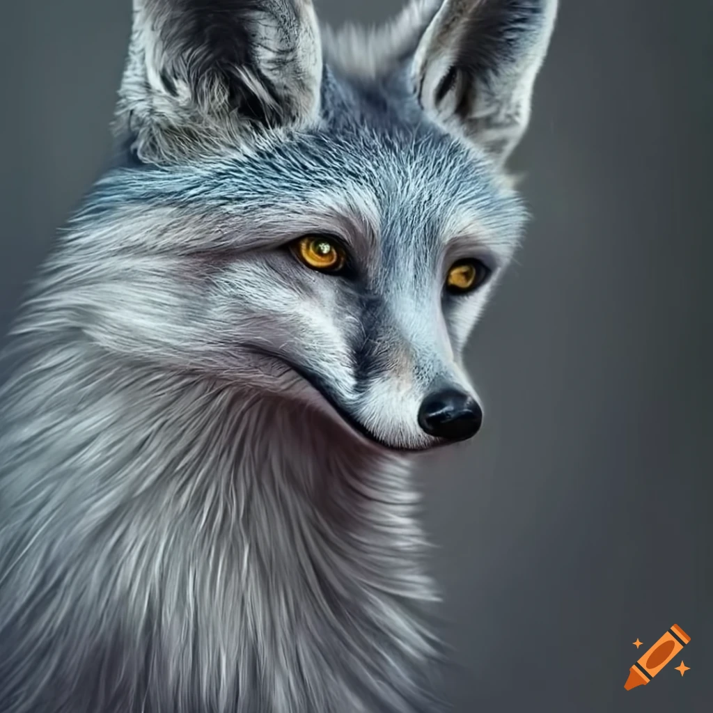 Hyper-realistic portrait of a silver fox with tender violet flowers on ...