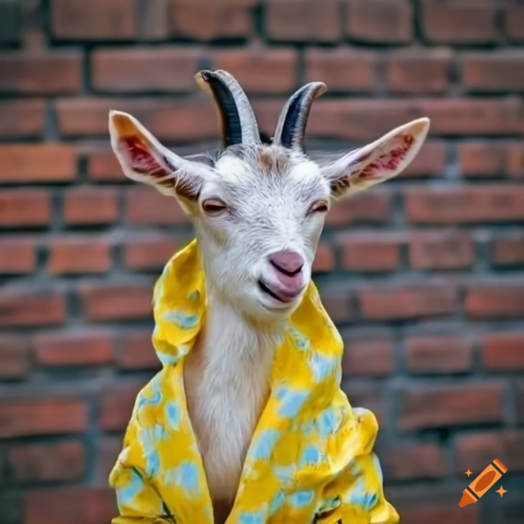 Goat in a yellow dress sitting and staring at the camera on Craiyon