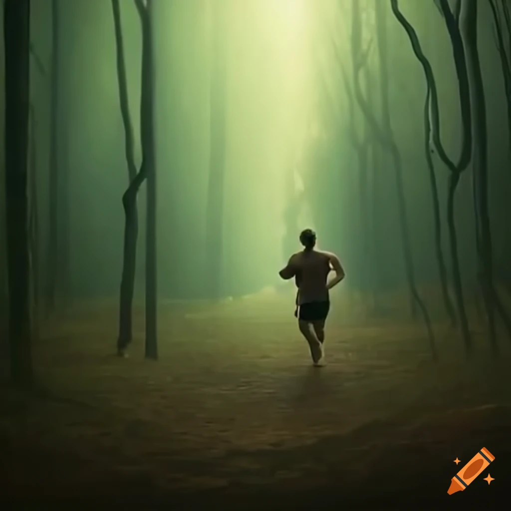 People running in a forest with fear on Craiyon