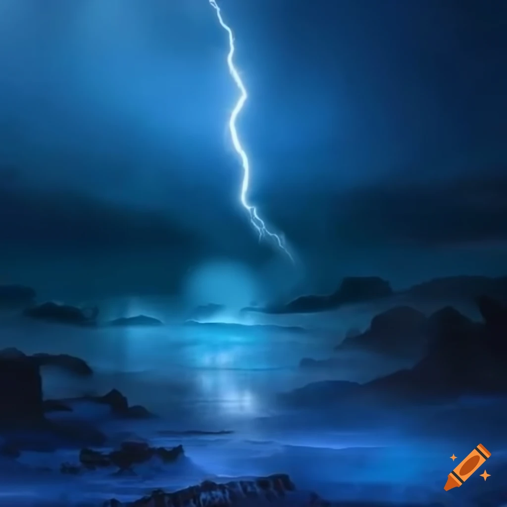 Fantasy landscape with blue lightning bolts on Craiyon