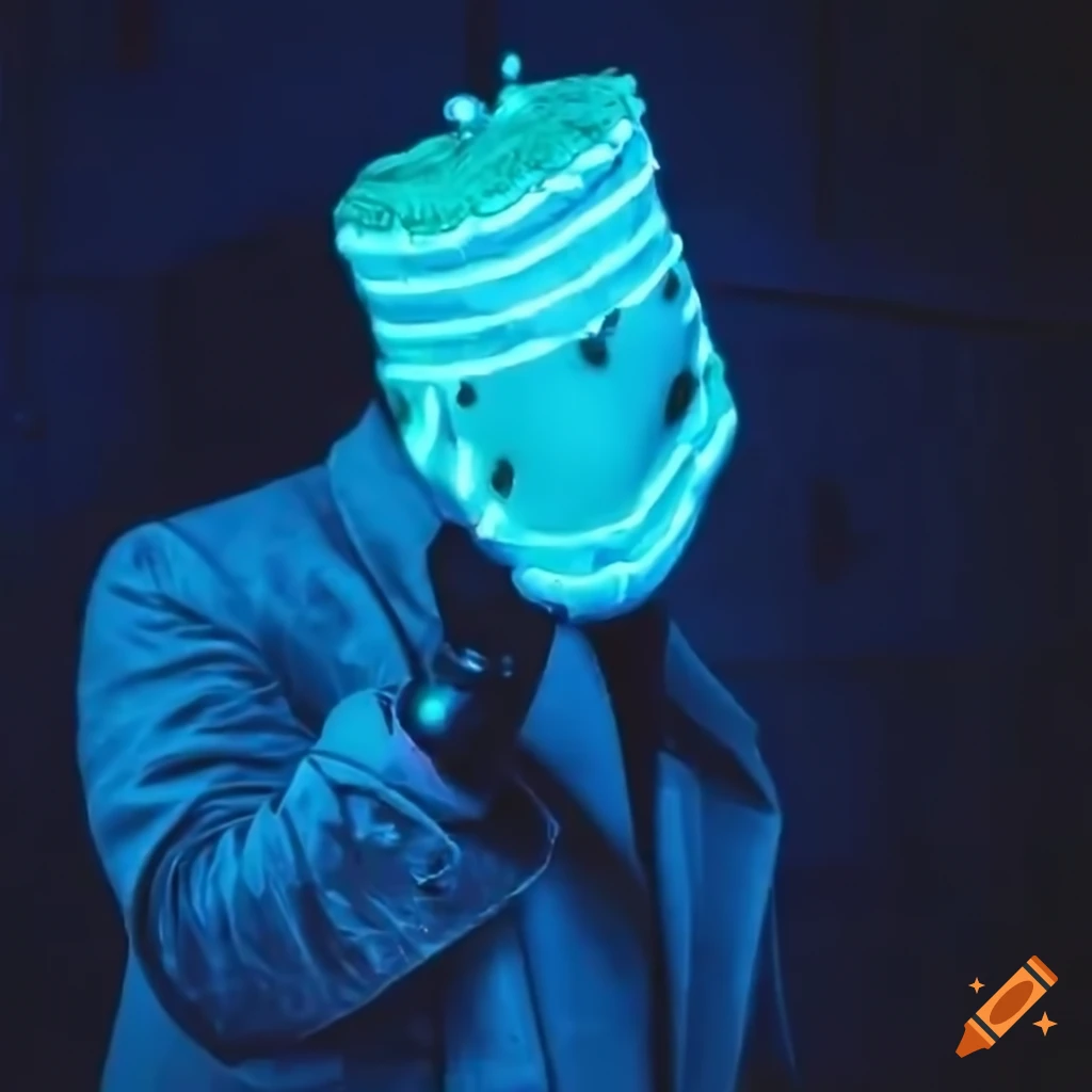 Futuristic detective with a cake-shaped head in a neon-lit alleyway on ...