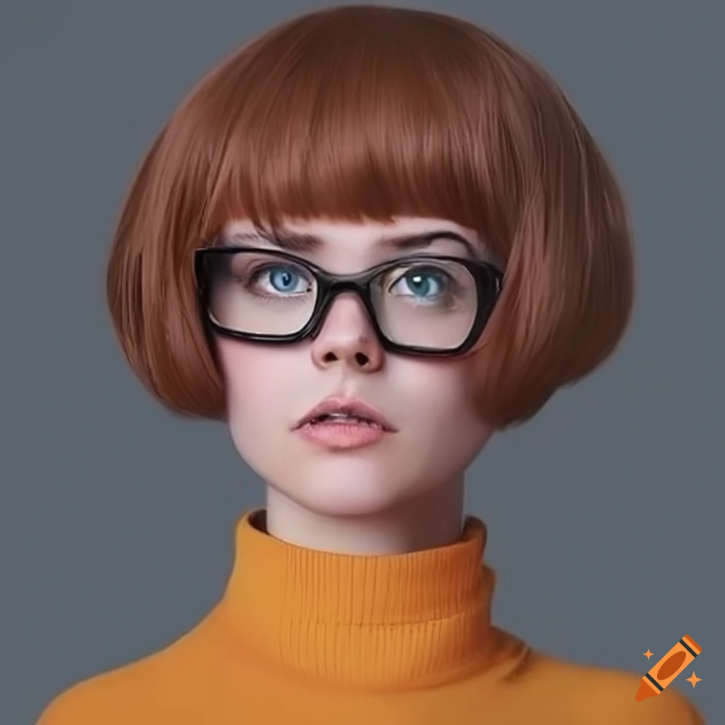 Photo realistic cosplay of velma dinkley with bobbed brown hair, brown eyes, stylish glasses ...
