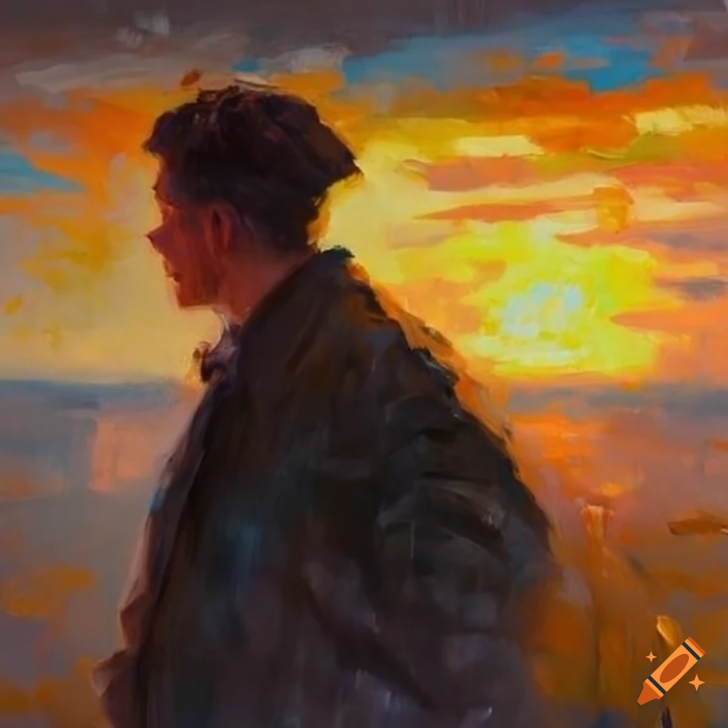 Impressionist painting of a man watching a dramatic sunrise through a ...