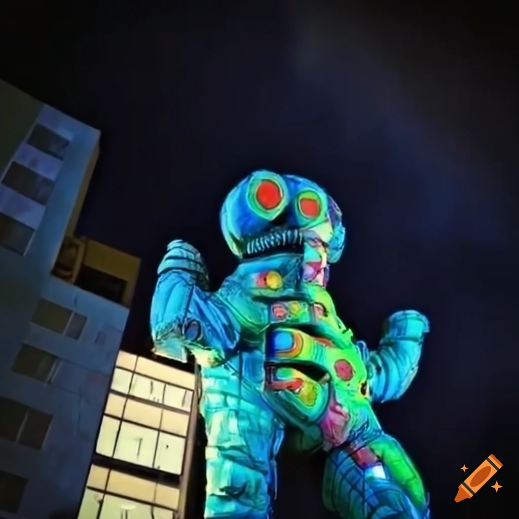 Colorful live action japanese film with giant sticky-headed robot and horned monster suit on Craiyon