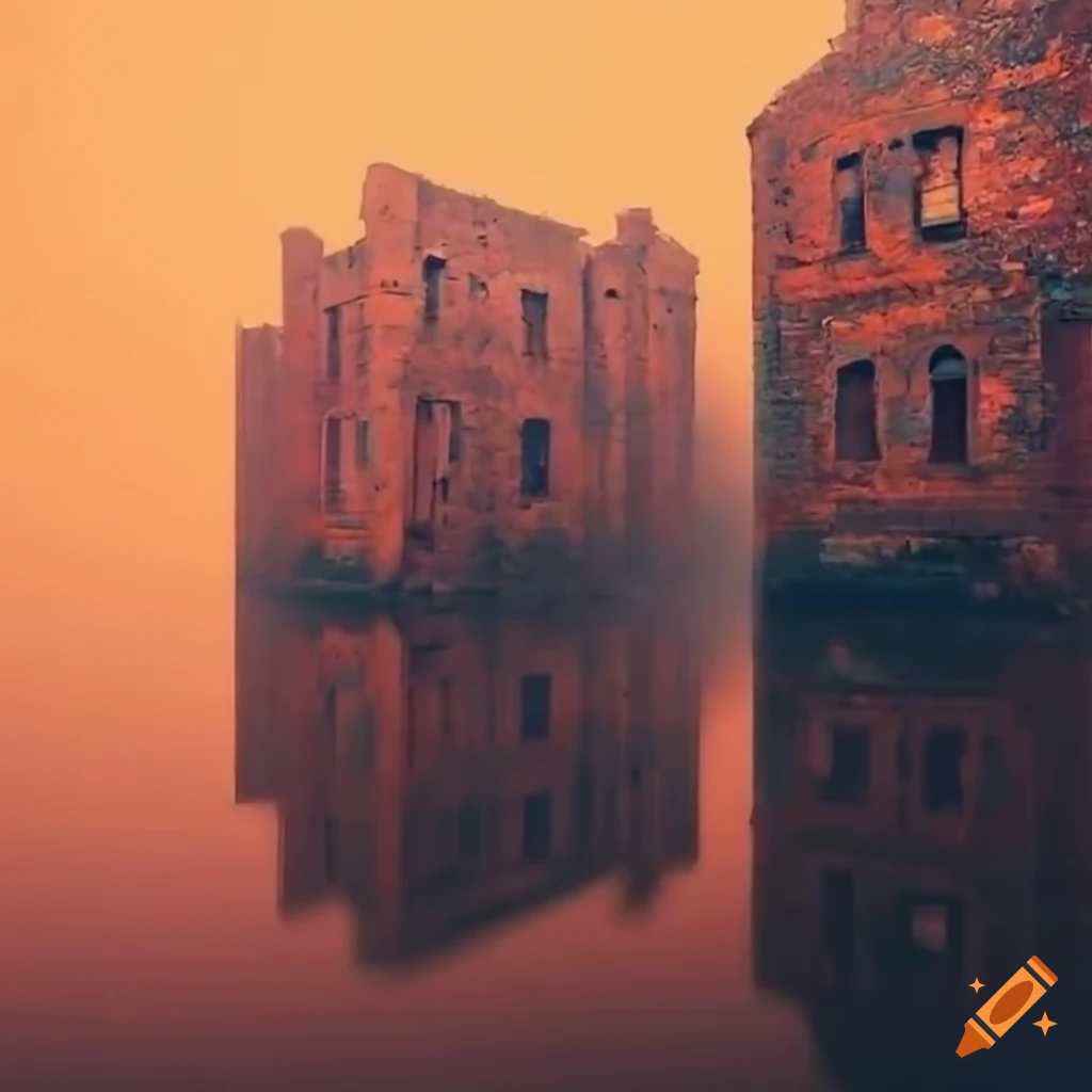 Close-up of abandoned brick buildings sinking into ocean in pale orange ...