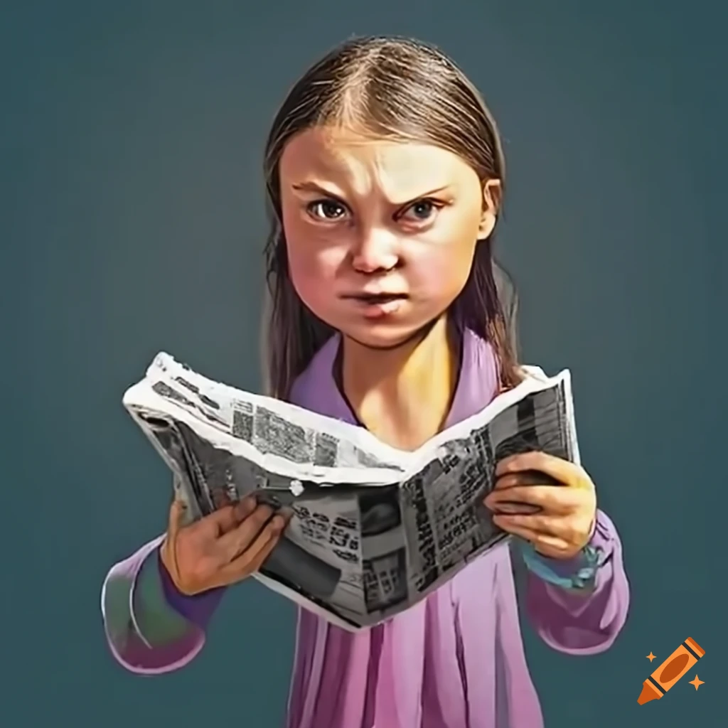 Activist greta thunberg reading newspaper with determination on Craiyon