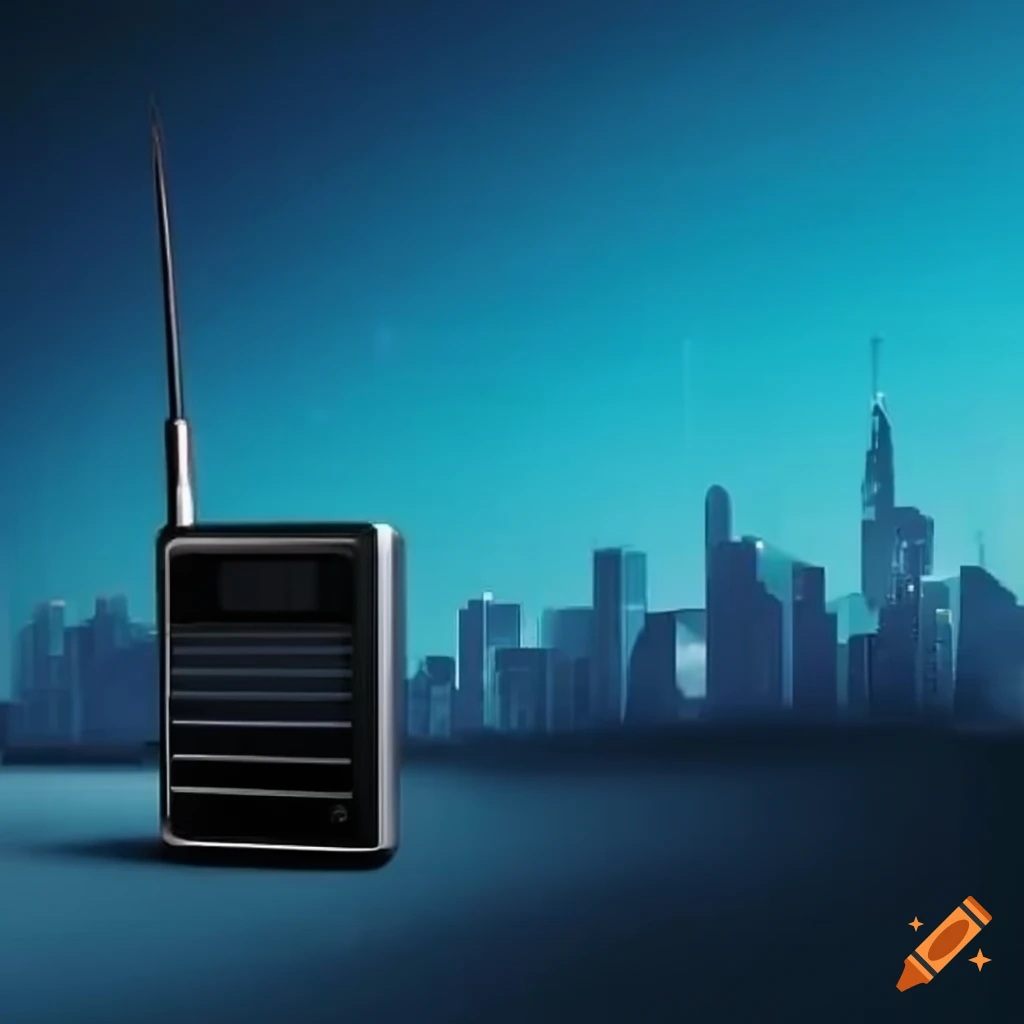 Sleek black radio with vibrant cityscape in the background on Craiyon