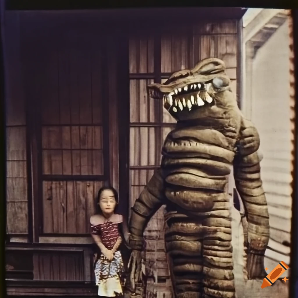 Japanese film kaiju monster mutant suit standing in front of an old building on Craiyon