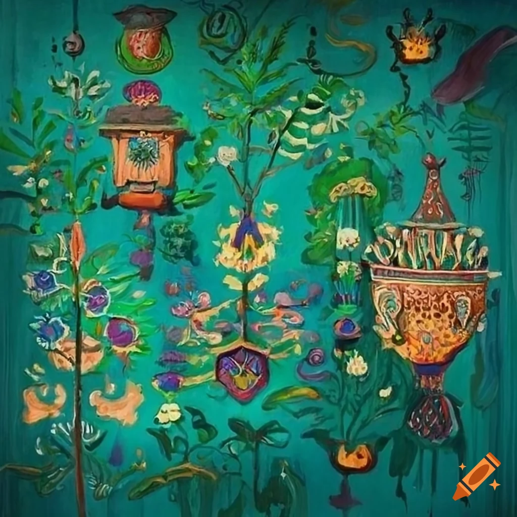 Room with greenery on the wall and folk crafts hanging on Craiyon