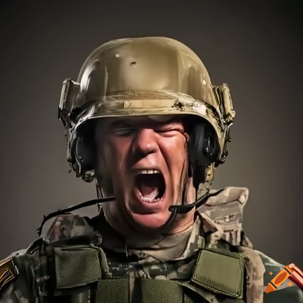 Soldier with helmet yelling in a political satire depiction on Craiyon