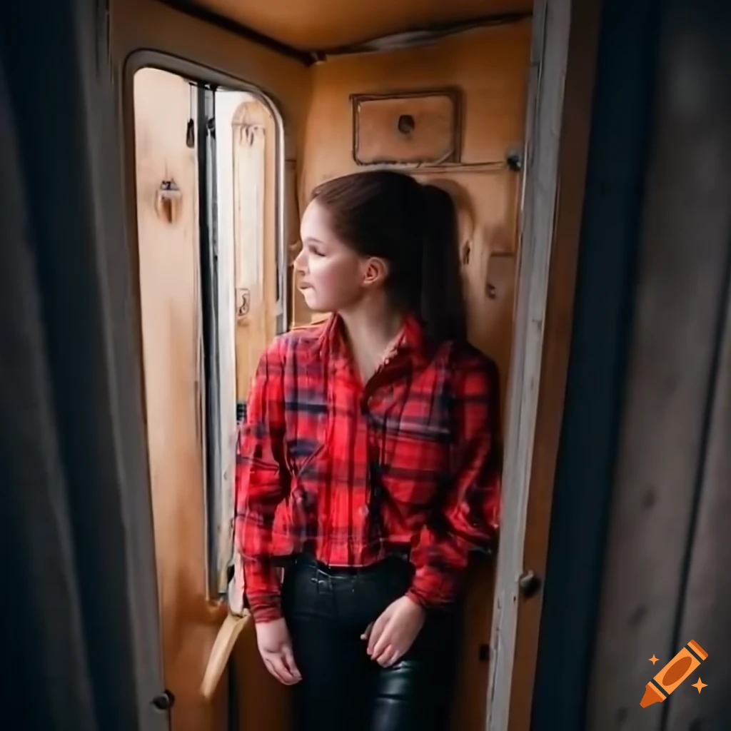 Irish female twins in country plaid shirts and high waist black leather trousers standing in ...