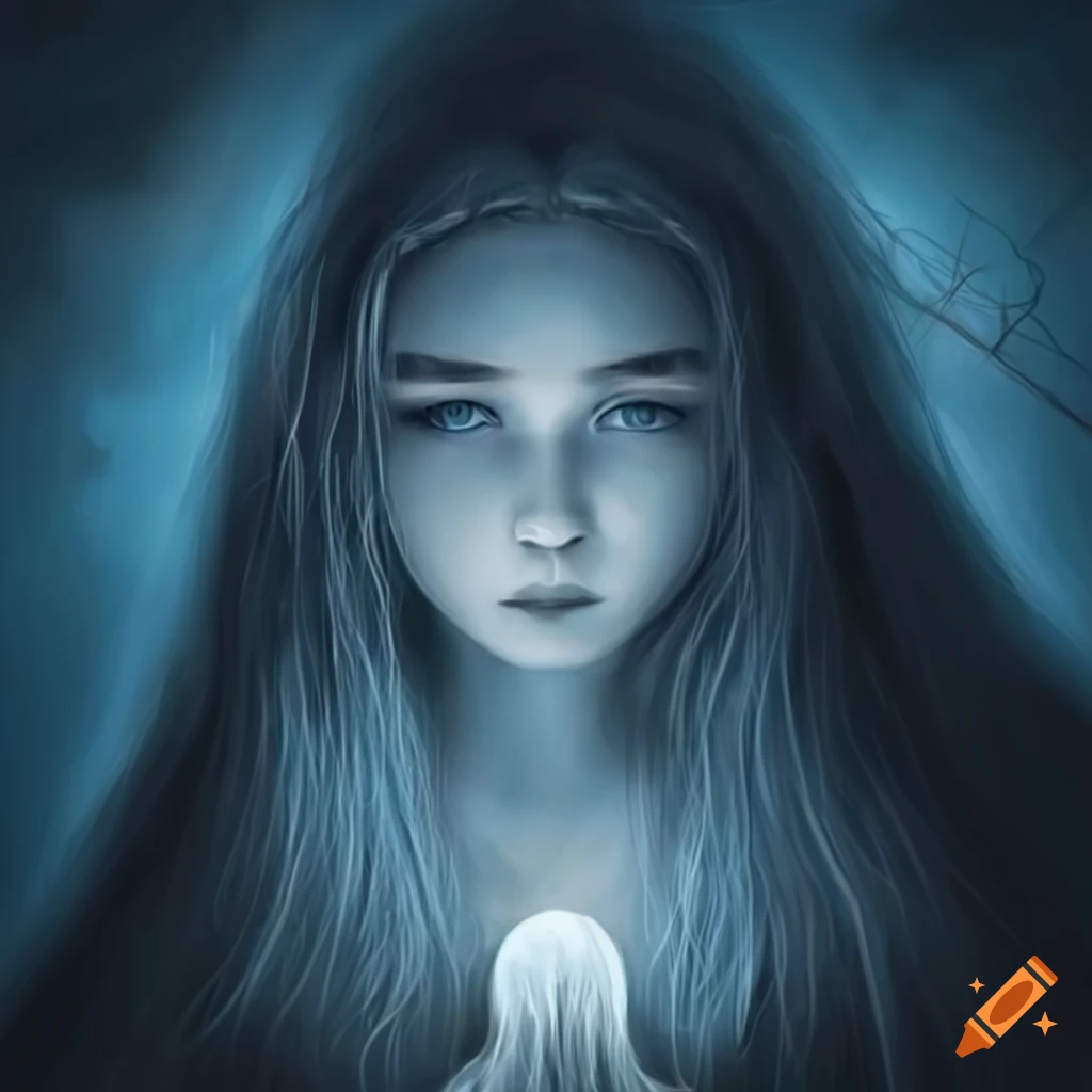 Portrait of a horrifying ghost with long hair and glowing eyes on a ...