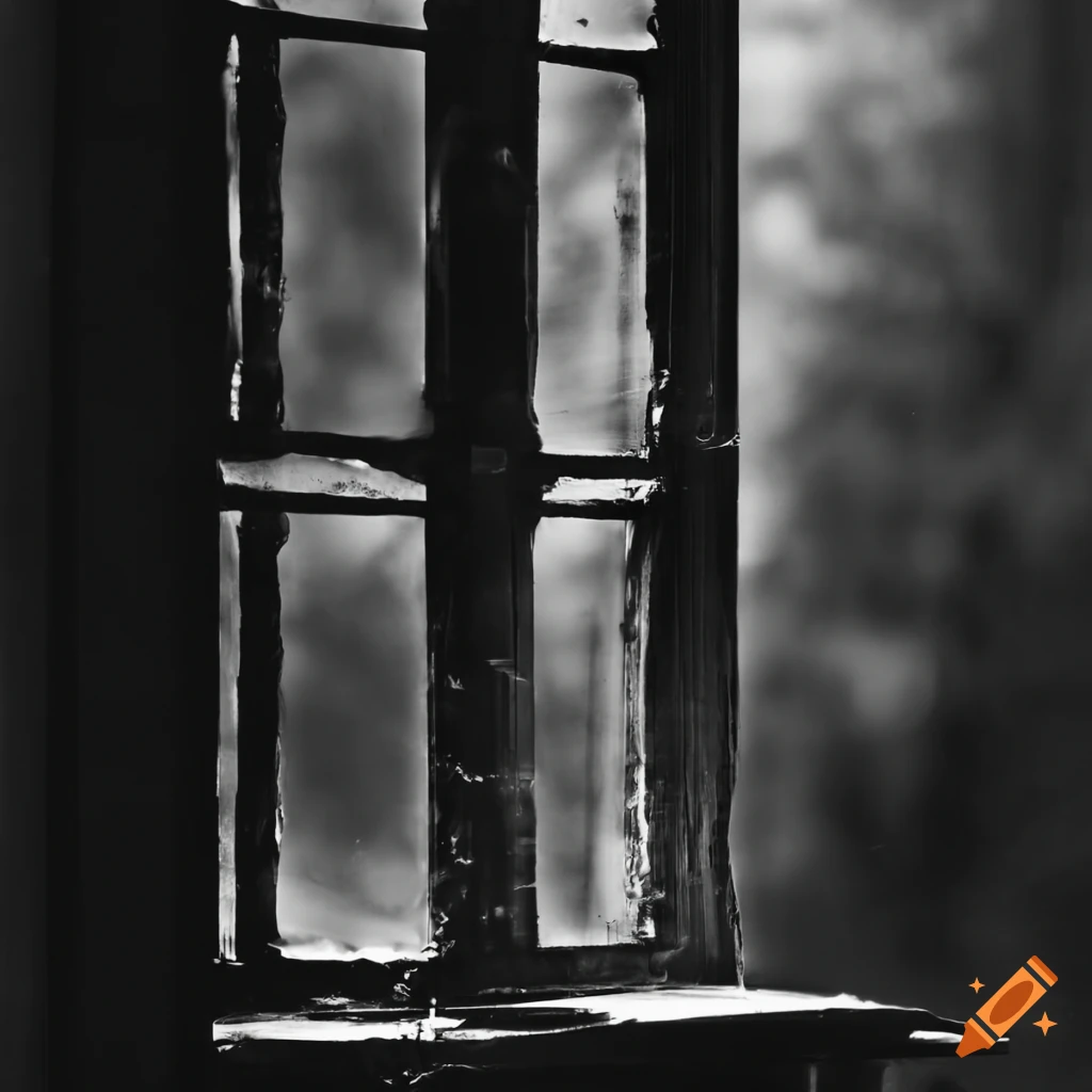 Black and white photograph of an iron window with warped clear glass on ...